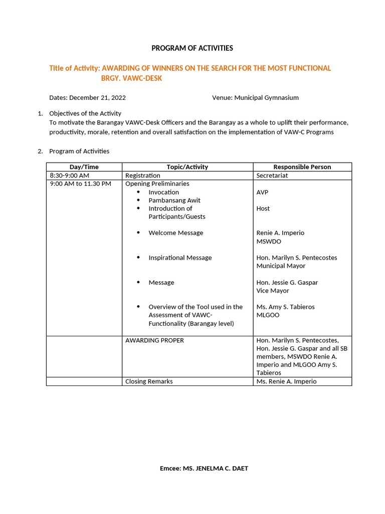 Program of Activities Vawc | PDF