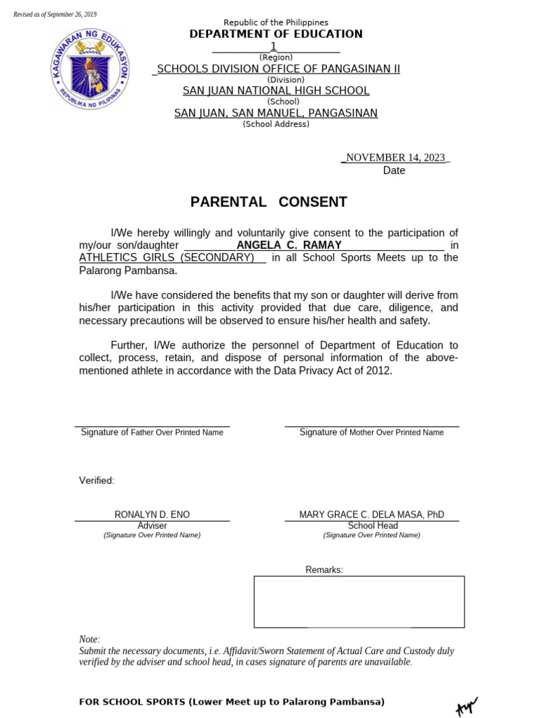 2020 Parents Consent Revised 3 | PDF | Affidavit | Evidence