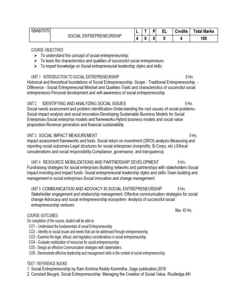 Social Entrepreneurship Course Syllabus | PDF | Entrepreneurship ...