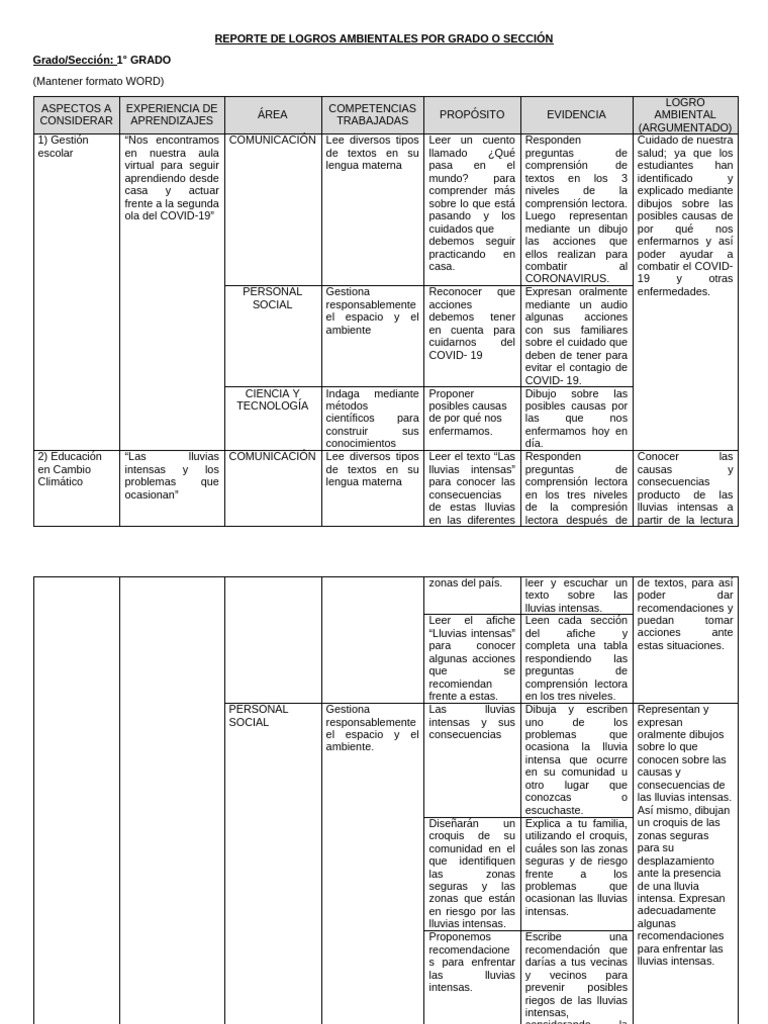 REPORTE DE LOGROS AMBIENTALES 2021 1ero | PDF | Comprensión lectora ...
