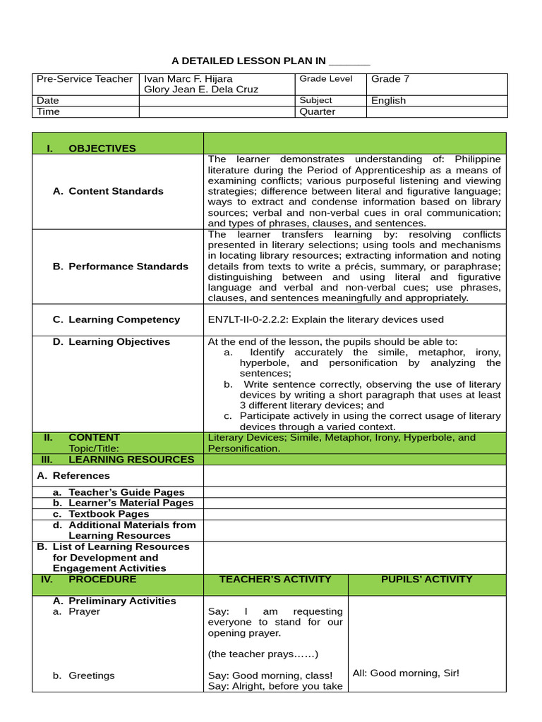 DETAILED-LESSON-PLAN-TEMPLATE | PDF | Irony | Learning