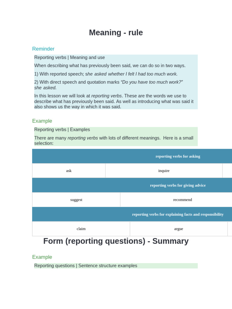 Reporting Verbs and Reported Questions | PDF | Question | Subject (Grammar)