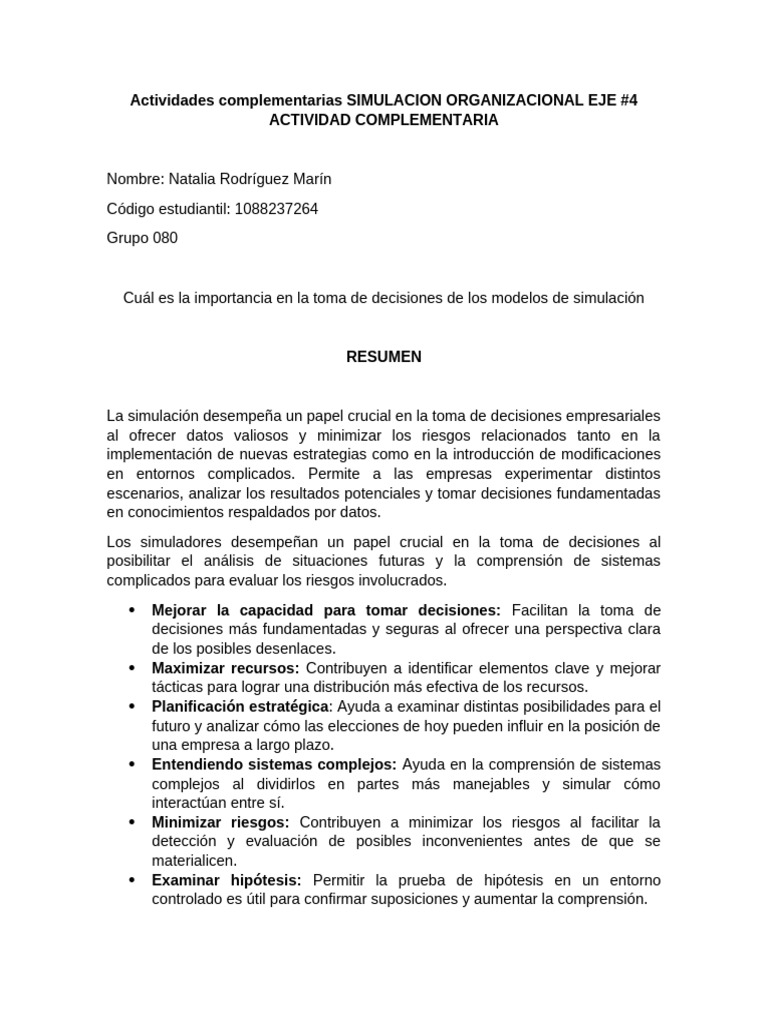 Complementaria Eje 4 | PDF | Toma de decisiones | Simulación