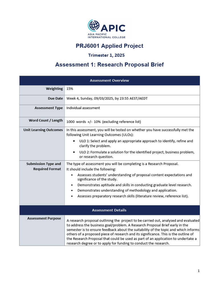 Assessment 1 Brief - PRJ6001 - T1 2025-2 | PDF | Methodology | Apa Style