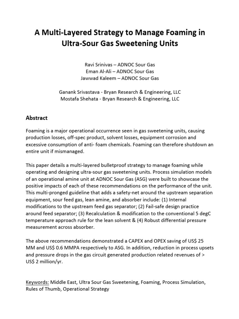Manage Foaming in Ultra Sour Gas Sweetening Units | PDF | Gases ...