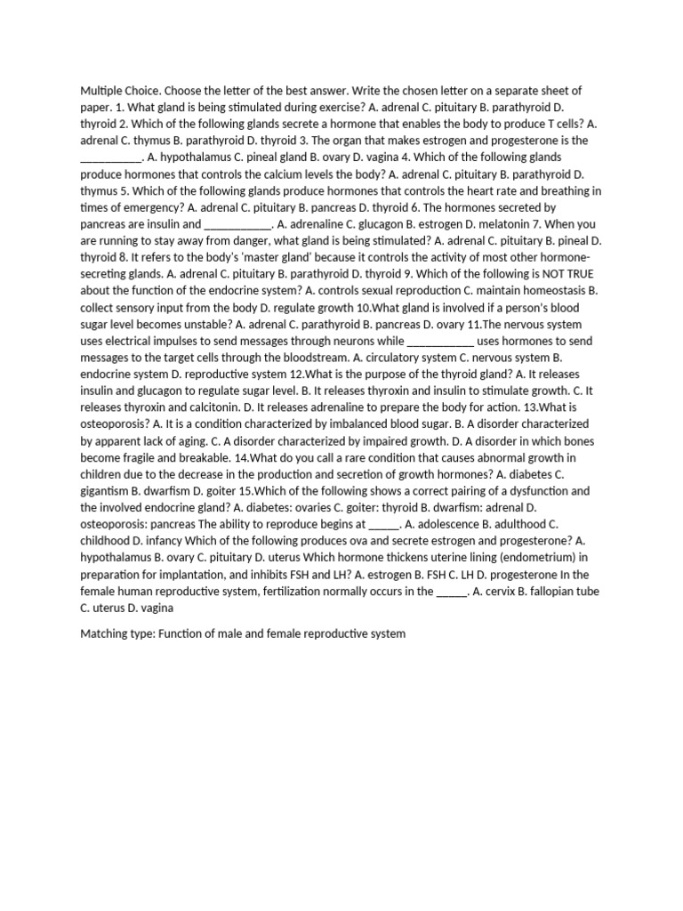 Endocrine System Quiz Questions | PDF | Endocrine System | Hormone