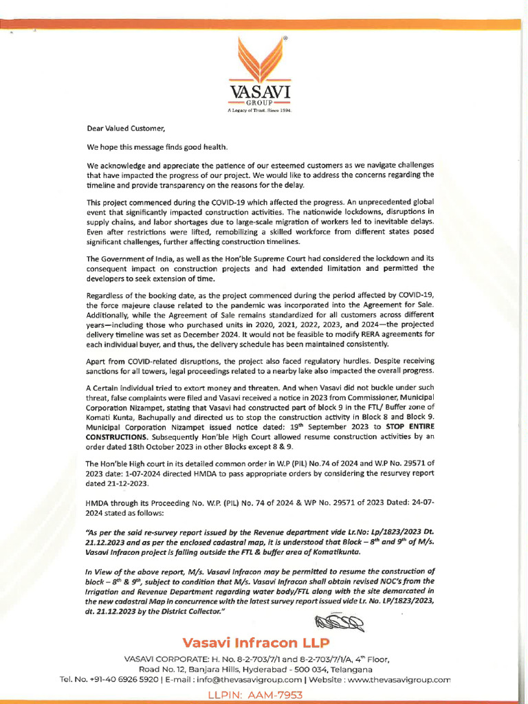 Vasavi Urban - Project Update Letter Dated 22-Mar-2025 | PDF