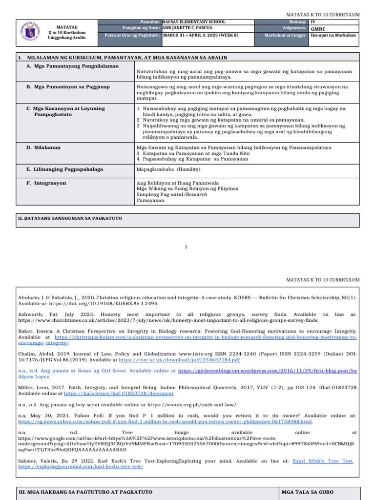 DLL Matatag - GMRC 4 Q4 W8 | PDF