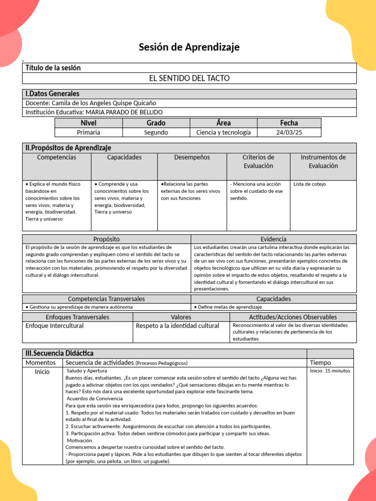 El Sentido Del Tacto | PDF | Evaluación | Aprendizaje