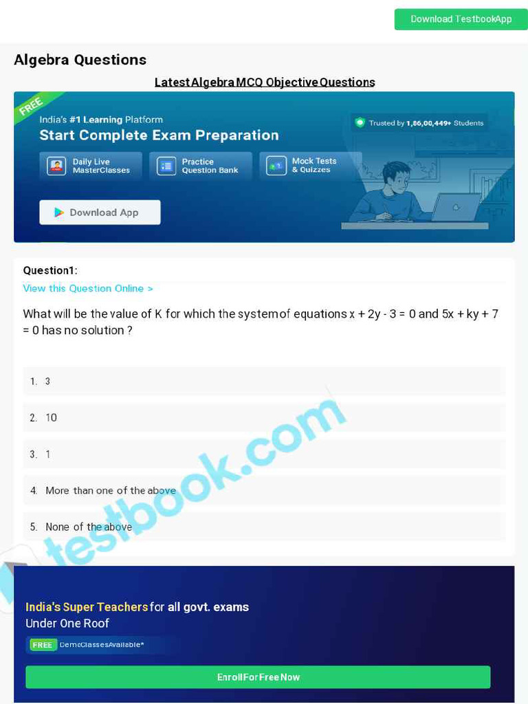 MCQ On Algebra 5eea6a1039140f30f369e810 | PDF
