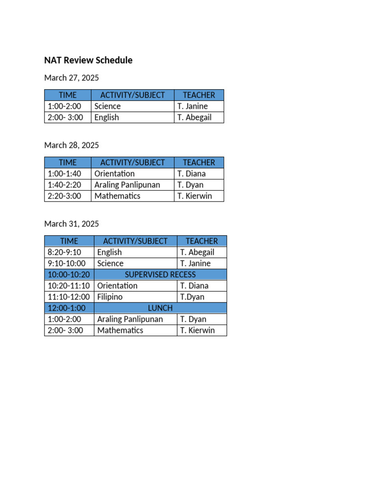NAT Review Schedule | PDF