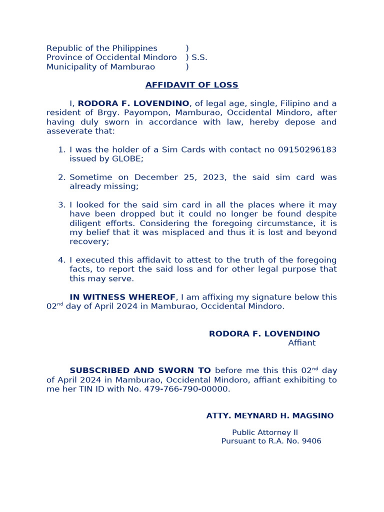 Affidavit of Loss for Globe SIM Card | PDF