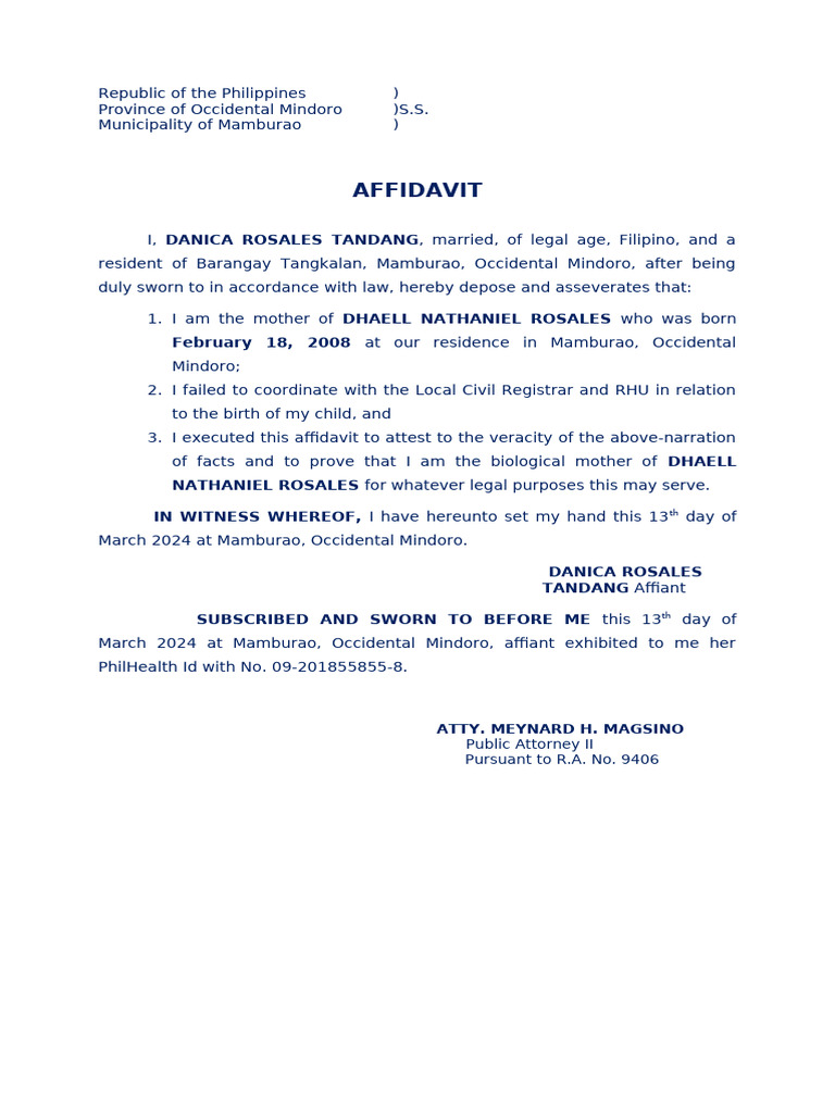 Affidavit - Late Registration - Mother - Justiniano MHM | PDF | Affidavit | Evidence