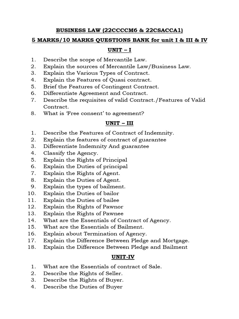 Business Law Questions Bank Units I-IV | PDF