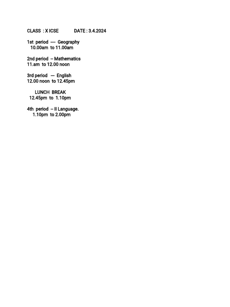 X Icse Time Table | PDF