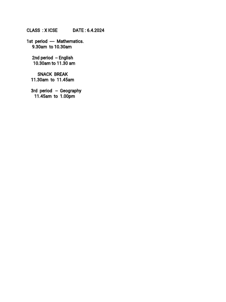 X Icse Time Table | PDF