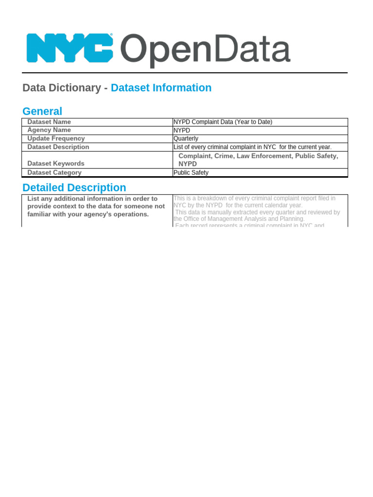 NYPD Complaint YTD DataDictionary | PDF | Crimes | Crime & Violence