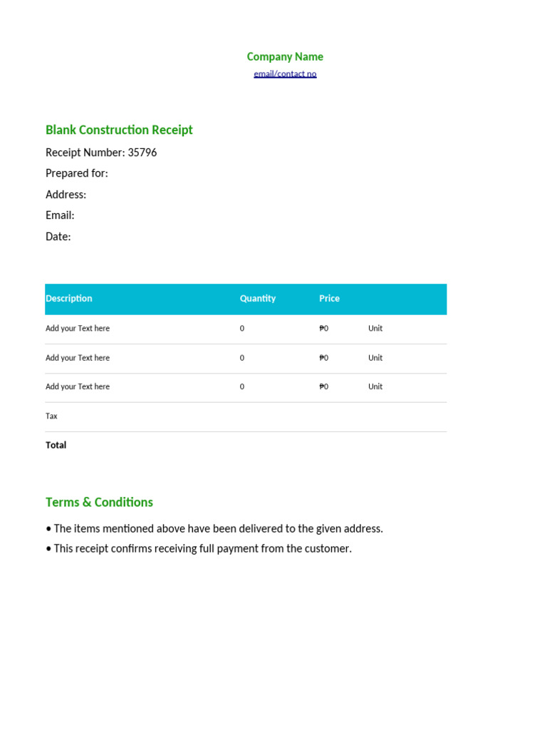 Blank Construction Receipt Template | PDF
