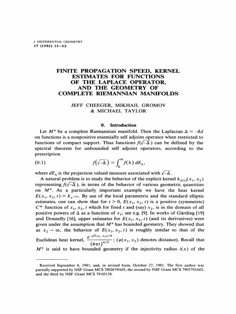 Cheeger. Finite Propagation Speed, Kernel Estimates For Functions of ...