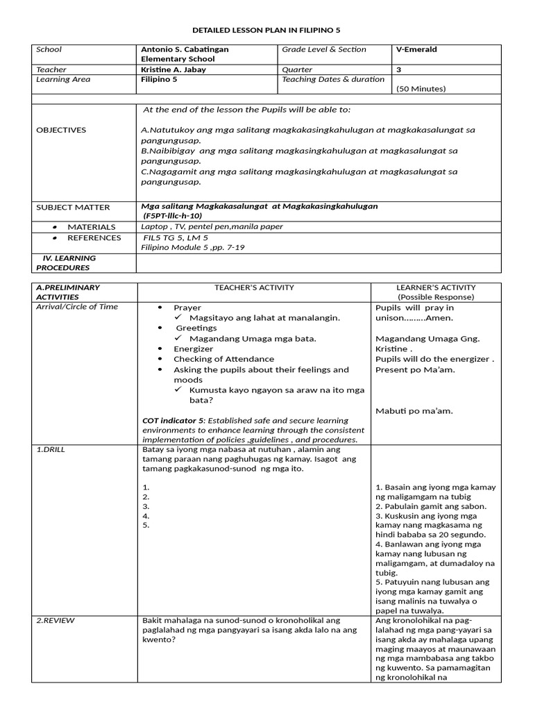 Detailed Lesson Plan in Filipino 5 | PDF