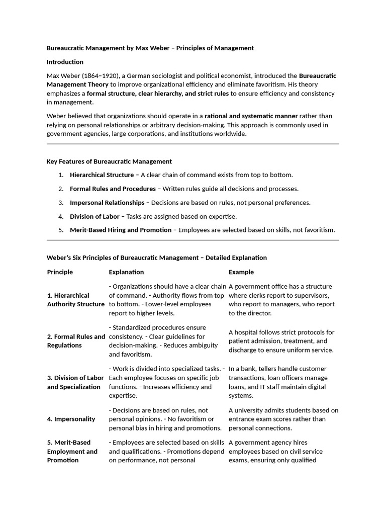 Max Weber's Bureaucratic Management Explained | PDF | Bureaucracy ...