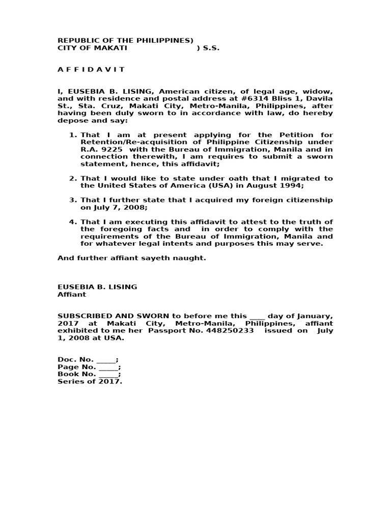 Affidavit Dual by Affiant Ra 9225 | PDF