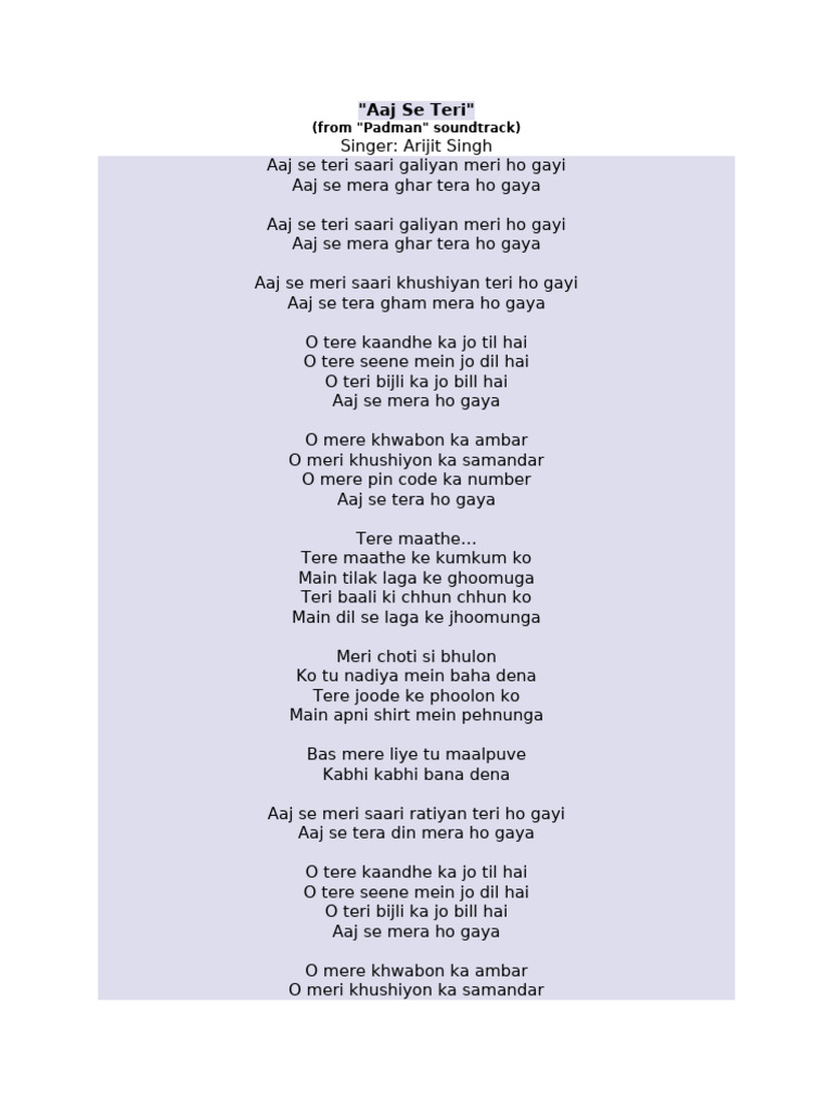 Aaj Se Teri Lyrics and Meaning | PDF