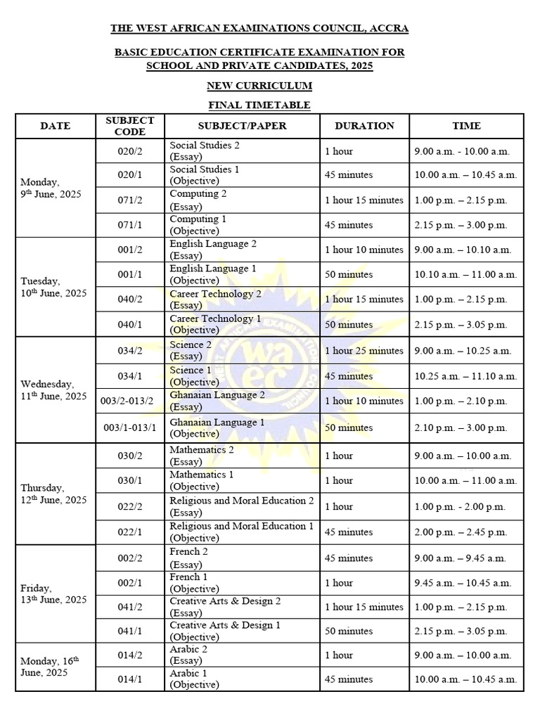 2025 BECE Timetable NEW | PDF