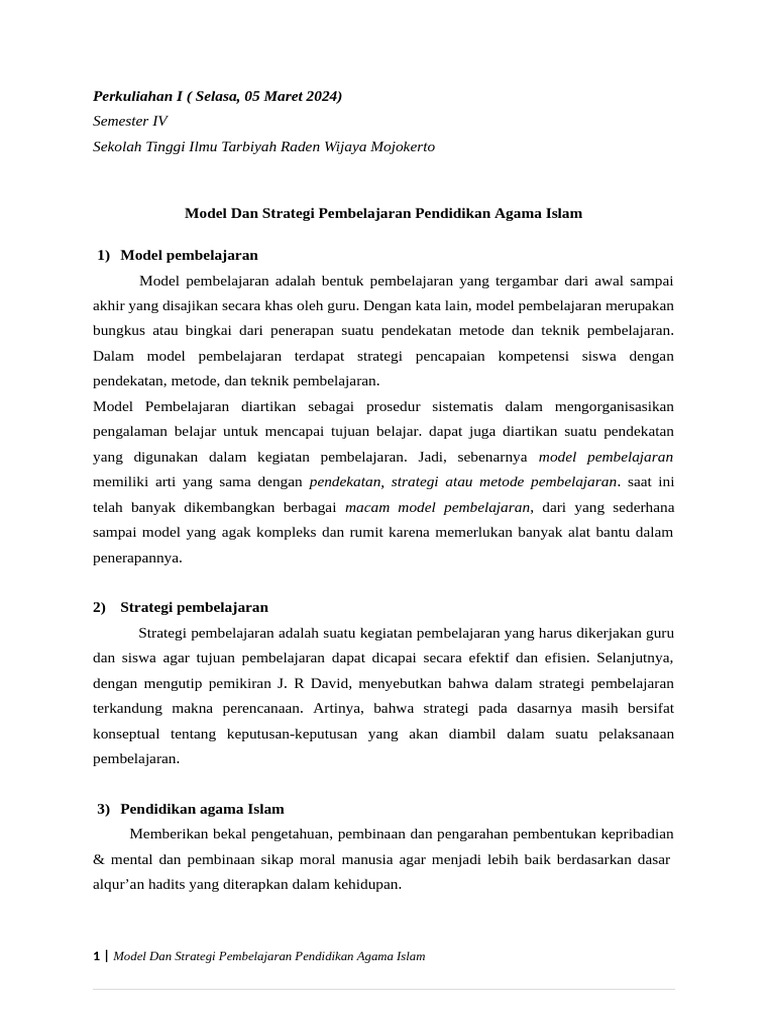 Materi 1_Model Dan Strategi Pembelajaran PAI_Smt.4_2024 | PDF