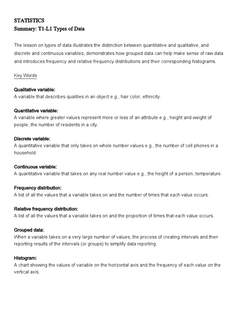 Summary T1 L1 Types of Data | PDF | Histogram | Level Of Measurement