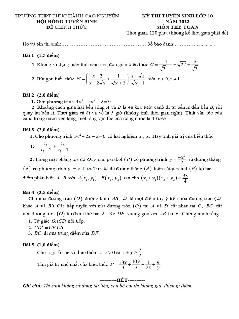C X X X N X X X X X X: H NG Tuy N Sinh K Thi Tuy Nsinhl P10 23 Môn Thi: Toán | PDF
