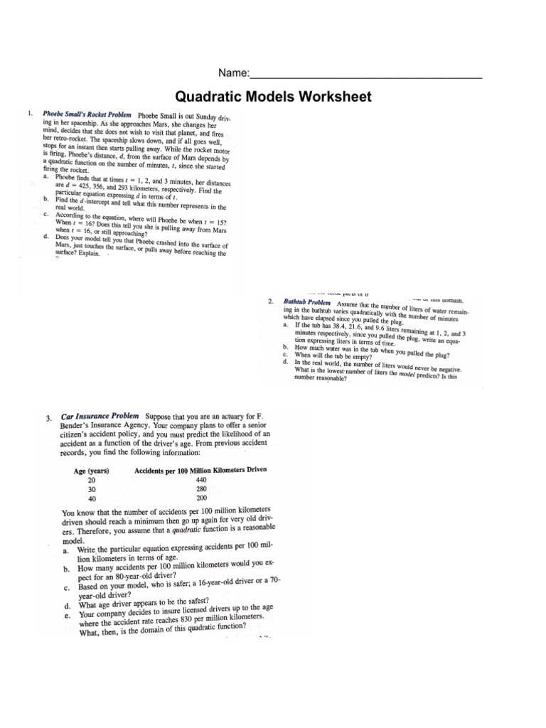 Quadratic Models Worksheet PDF | PDF