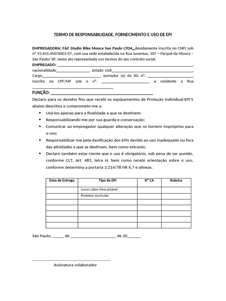 Paulista - Termo de Fornecimento EPI - Recepção e Coordenadores | PDF