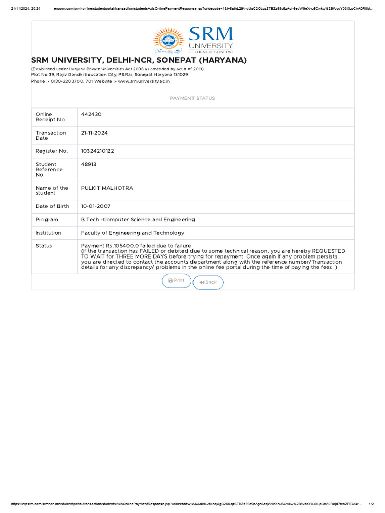 SRM University, Delhi-Ncr, Sonepat (Haryana) : Payment Status | PDF