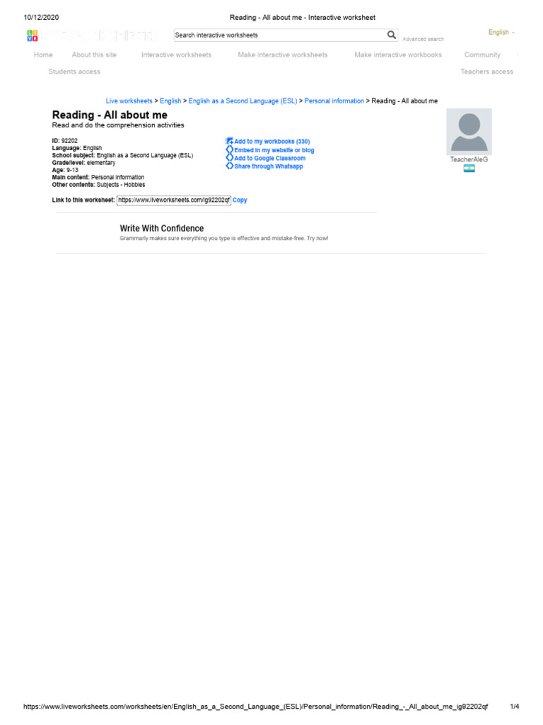43 Reading - All About Me - Interactive Worksheet | PDF | English As A ...