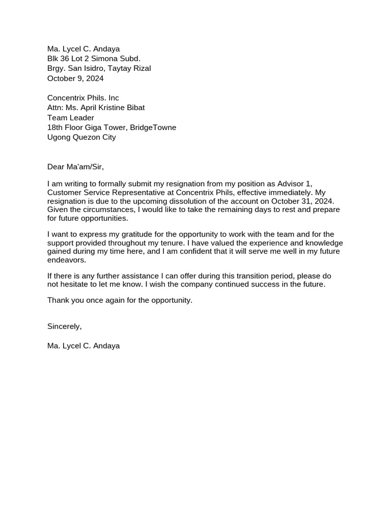 Resignation Concentrix | PDF