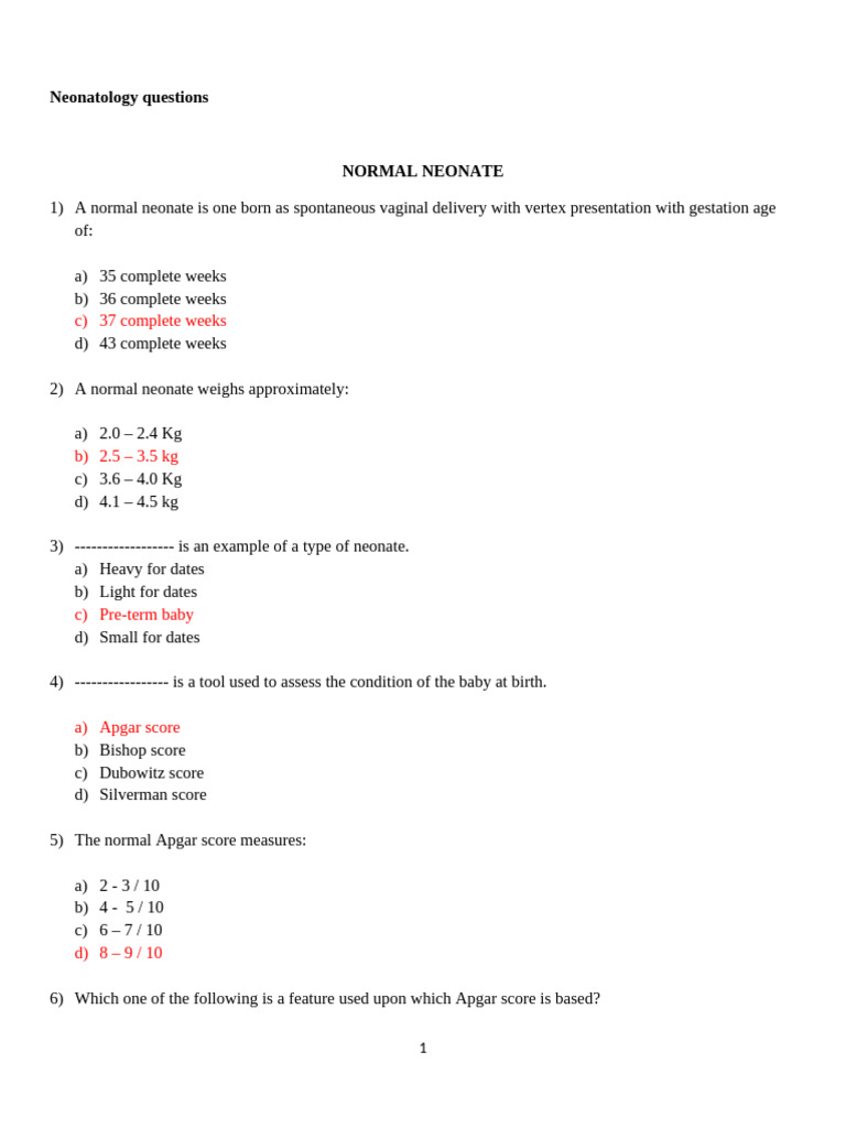 Neonatology Quiz Questions and Answers | PDF | Placenta | Fetus