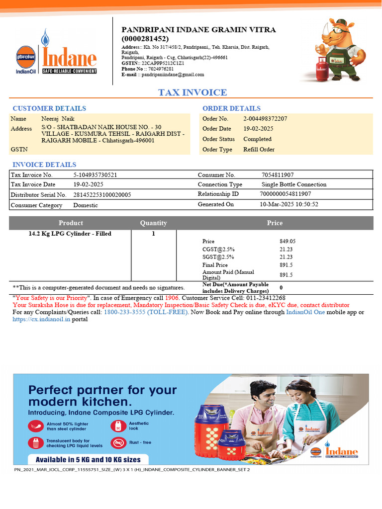 Indane LPG Invoice & Safety Tips | PDF | Liquefied Petroleum Gas ...
