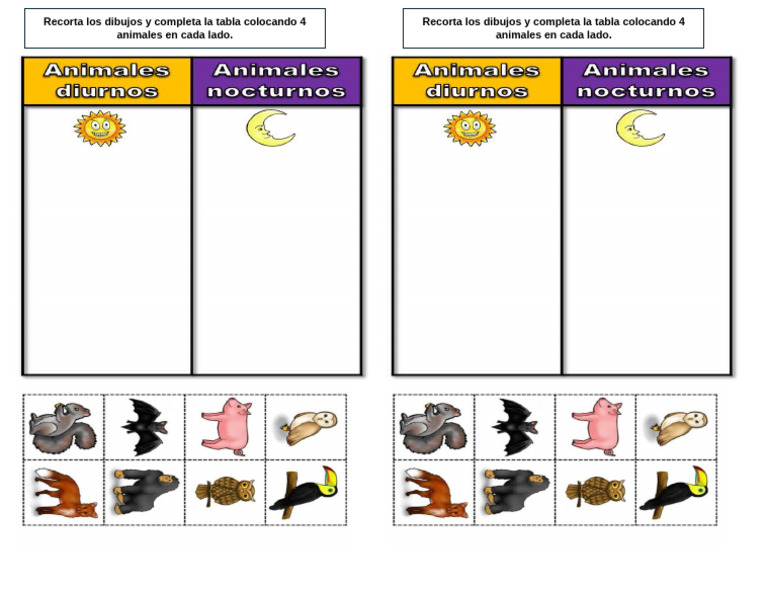 animales diuenos y nocturnos, recortar. | PDF