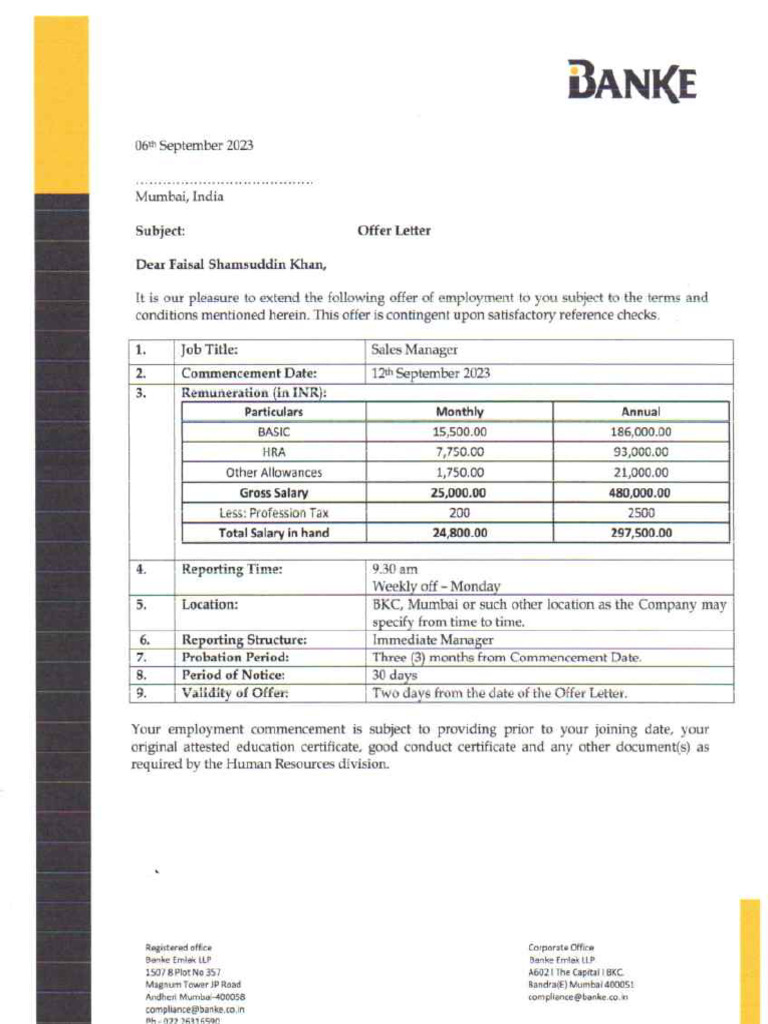 Faisal Khan Offer Letter | PDF