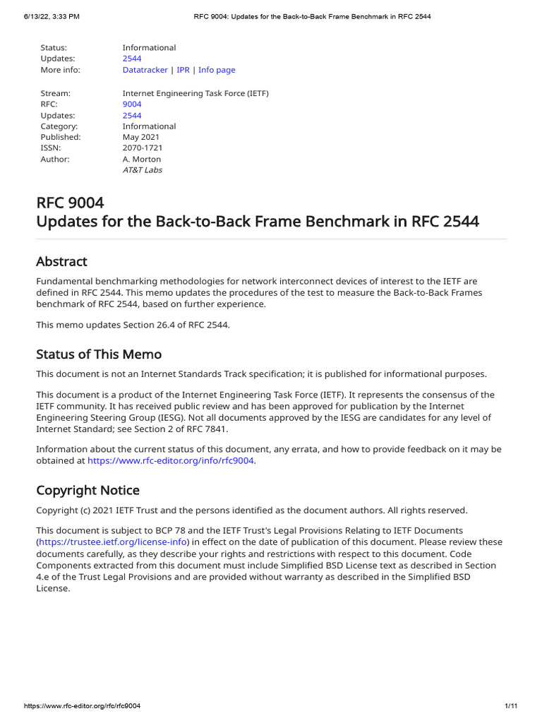 rfc9004 Updates for the Back-to-Back Frame Benchmark in RFC 2544 | PDF ...