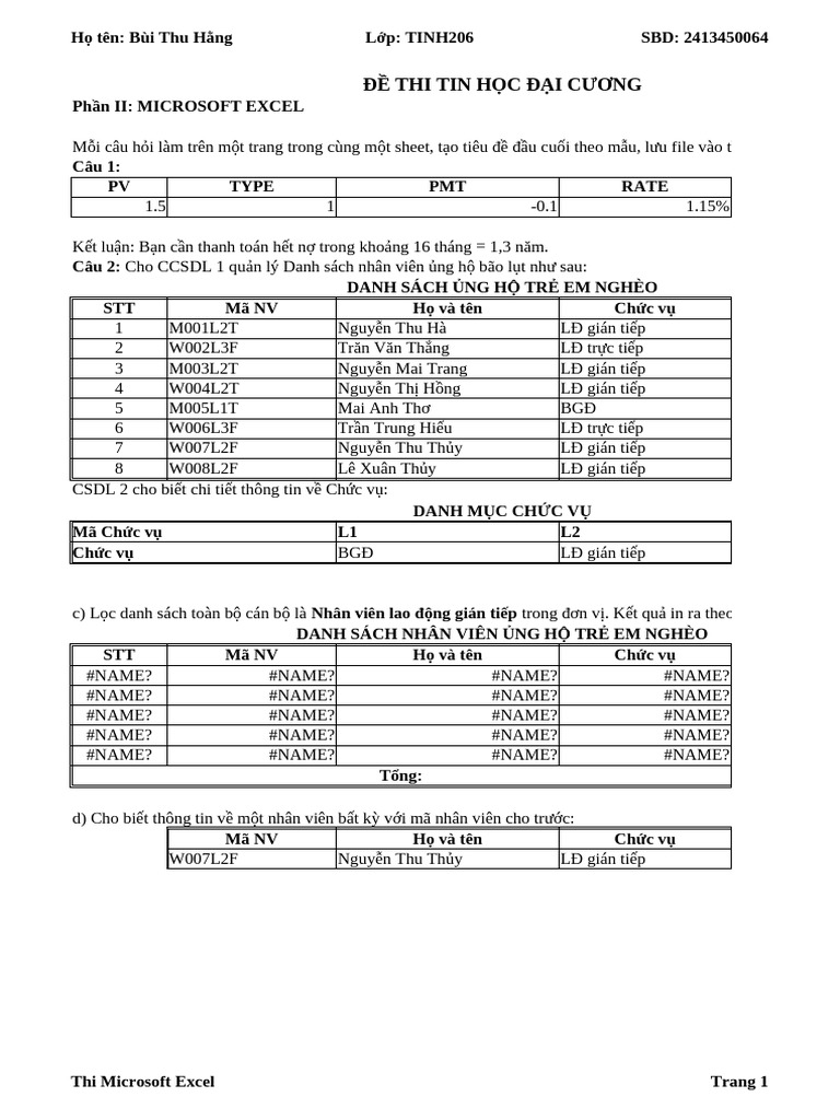 Bài Test TH 2-Excel | PDF