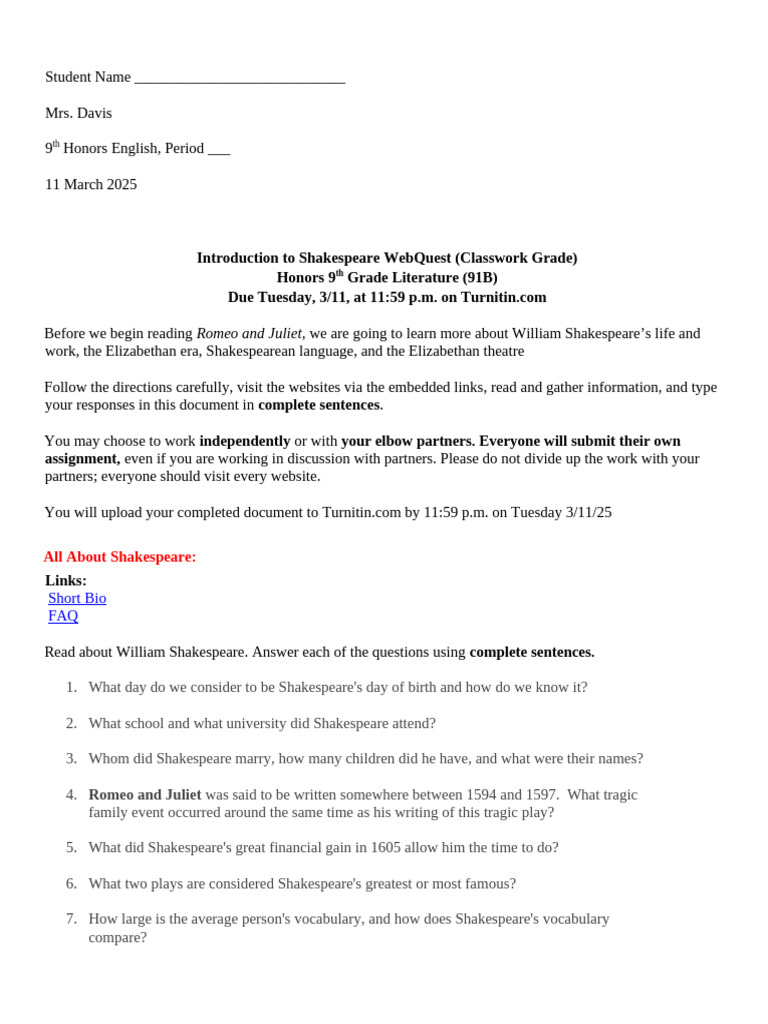 Webquest Intro To Shakespeare | PDF | William Shakespeare | Marriage