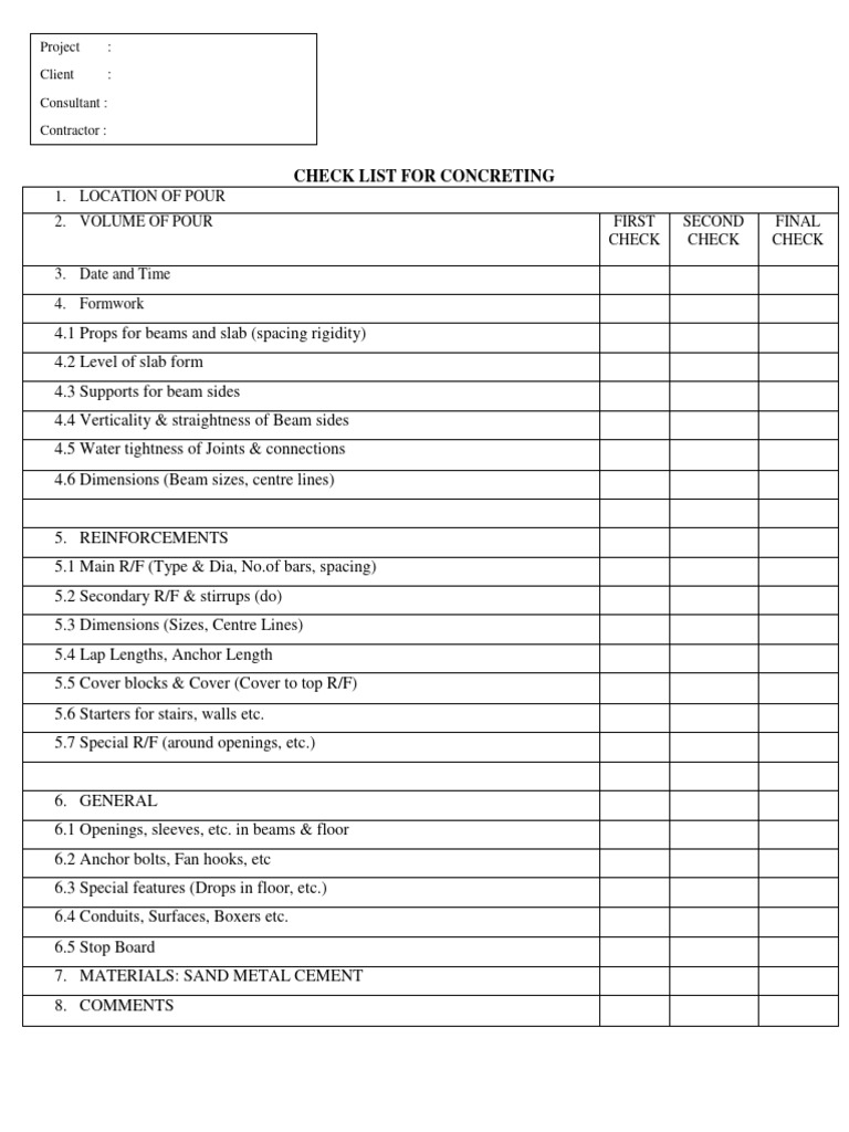 Check List for Concreting 23 | PDF