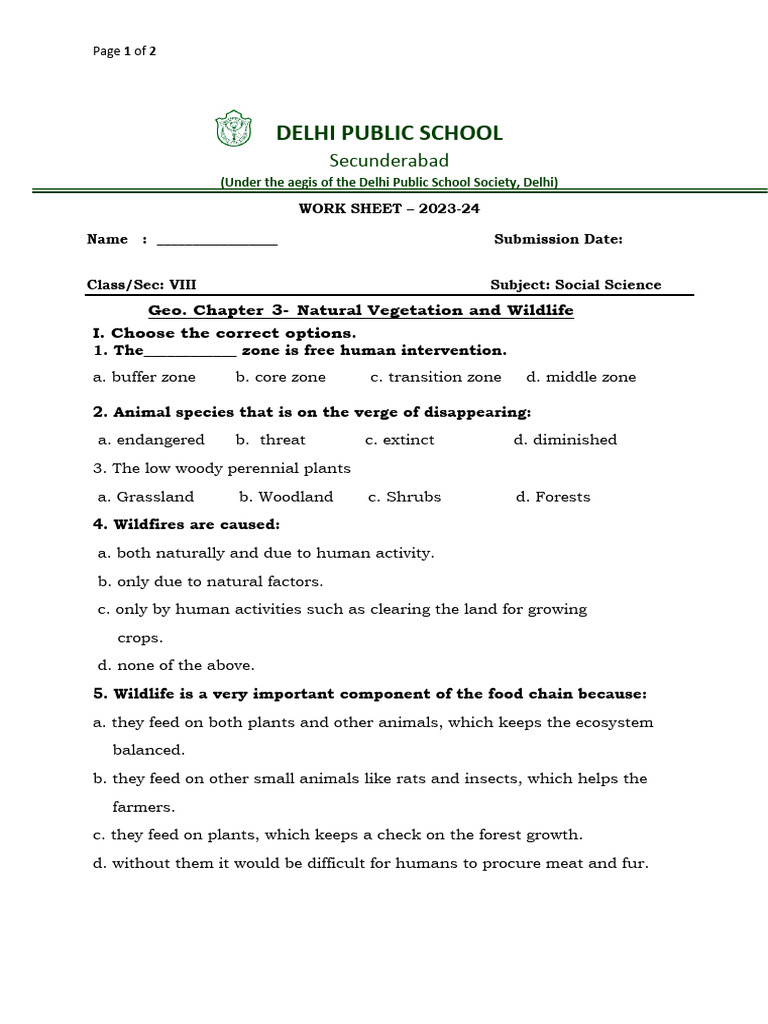 Social Science Worksheet on Wildlife | PDF | Wildlife | Forests