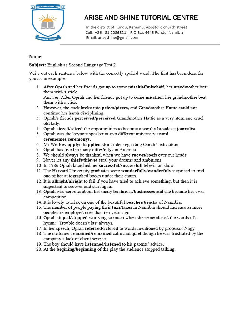 English Test 2 MR Siyere | PDF | Oprah Winfrey | Human Communication