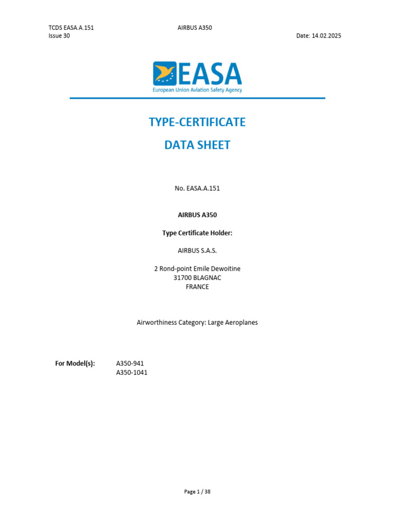 Tcds Easa A 151 Airbus 350 Issue 30 | PDF | Aviation | Aircraft