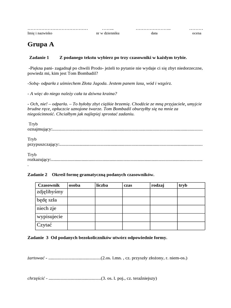 530 - sprawdzian - czasownik (1) | PDF