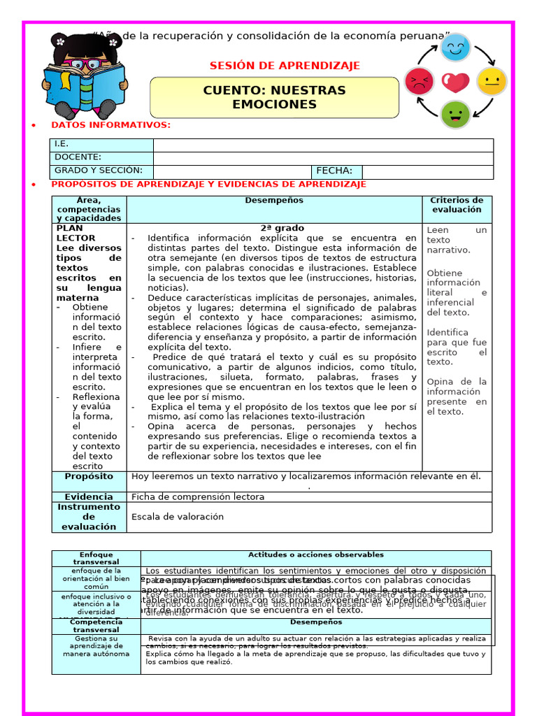 2º U0 S2 SESION D4 PLAN LECTOR CUENTO LAS EMOCIONES | PDF | Aprendizaje | Las emociones