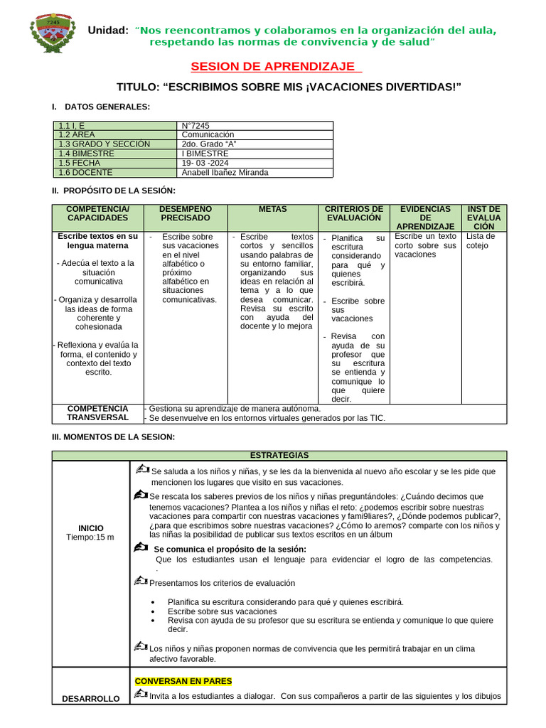 COMUNICACIÓN - Escribimos Sobre Nuestras Vacaciones | PDF | Evaluación ...